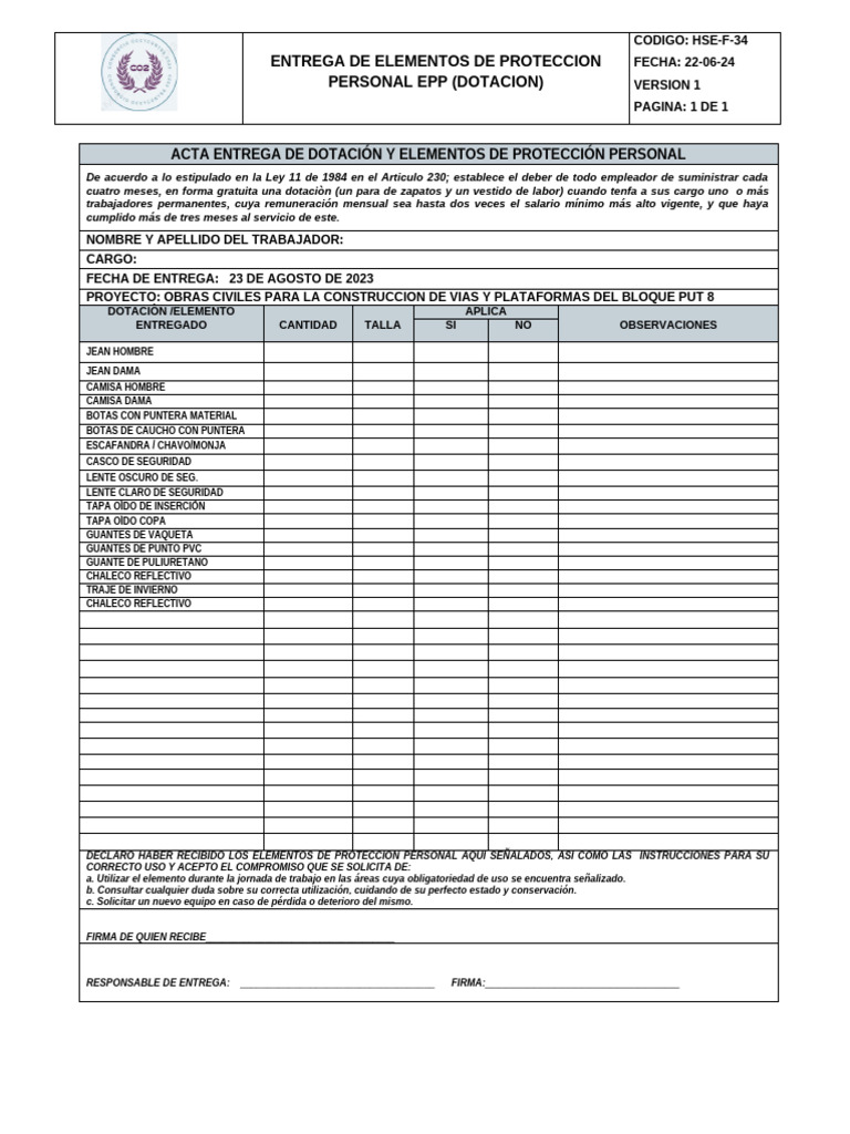 Hse-F-034 Acta de Entrega de Dotacion Epp. | PDF