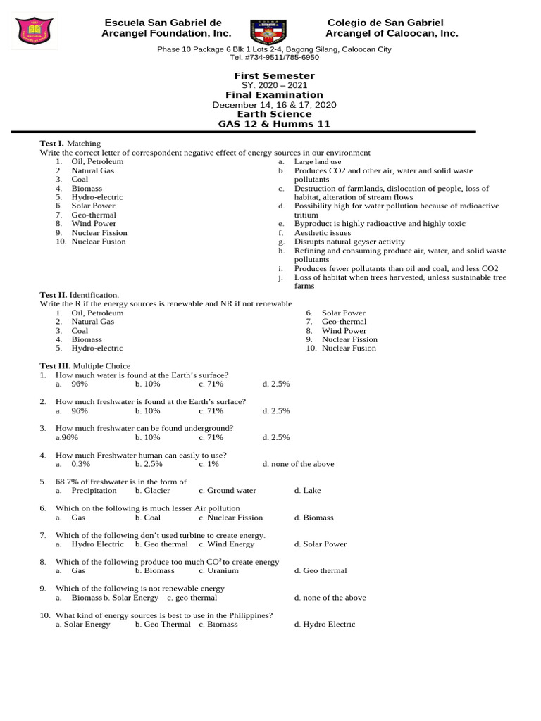 Earth-Science final-exam-GAS-12-and-Humms-11 | PDF | Energy Development ...