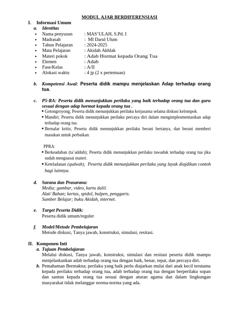 Modul Ajar Akidah Akhlak Kelas II | PDF