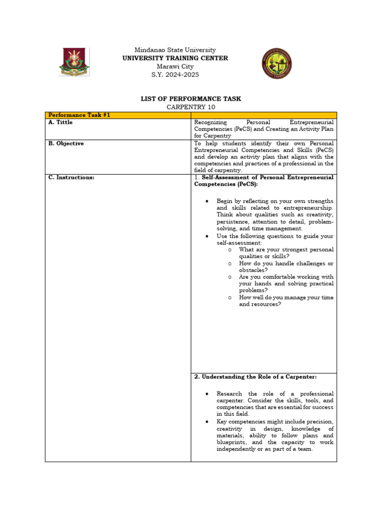 Performance Task in TLE 1stQ. For The S.Y. 2024-2025 | PDF | Scaffolding | Carpentry