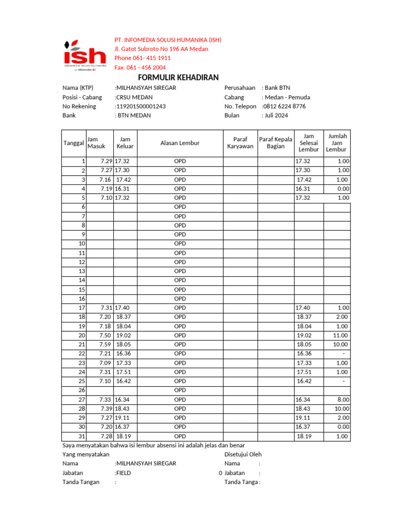 Form Klaim Lembur ISH | PDF