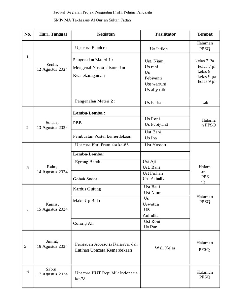 Jadwal P5 2024 | PDF