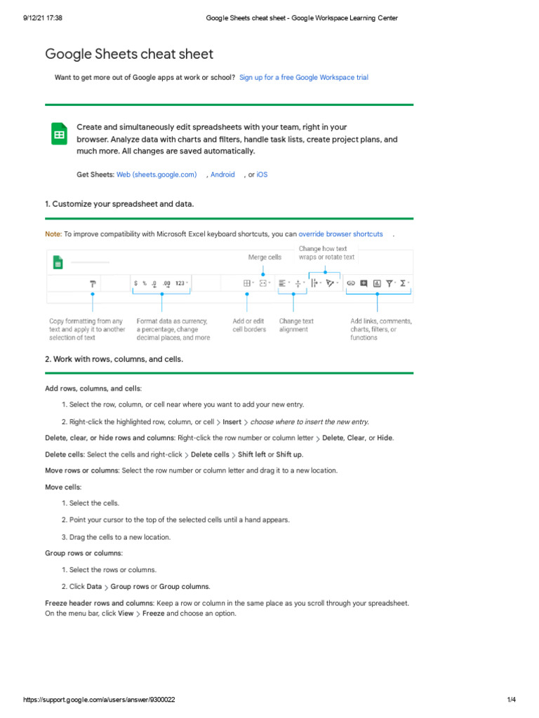 Google Sheets cheat sheet - Google Workspace Learning Center | PDF