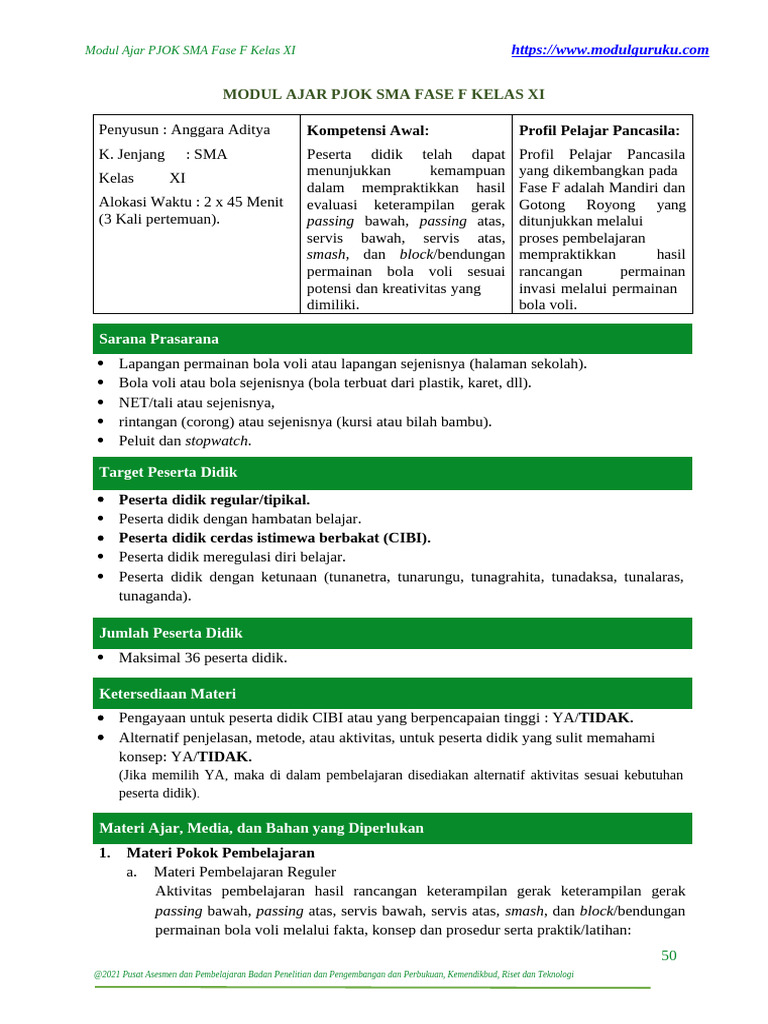 02 Modul Ajar PJOK Permainan Bola Voli Kelas XI SMA Fase F | PDF