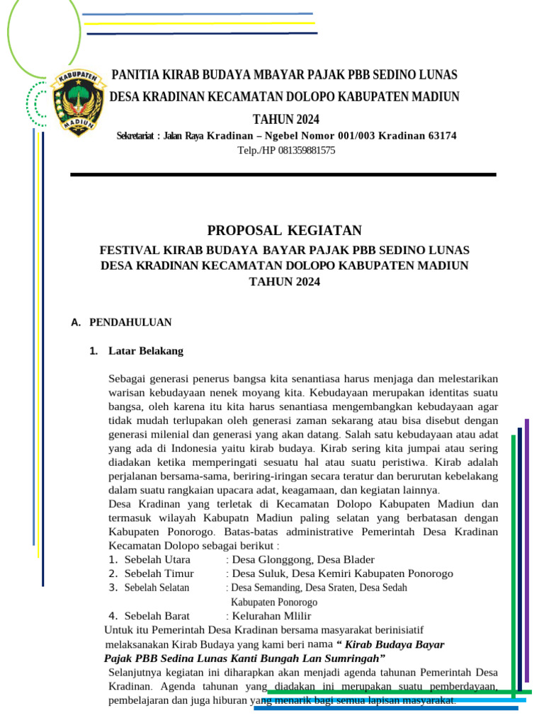 #Proposal Kirab Budaya Mbayar Pajak PBB Sedino Lunas Desa Kradinan Tahun 2024 | PDF