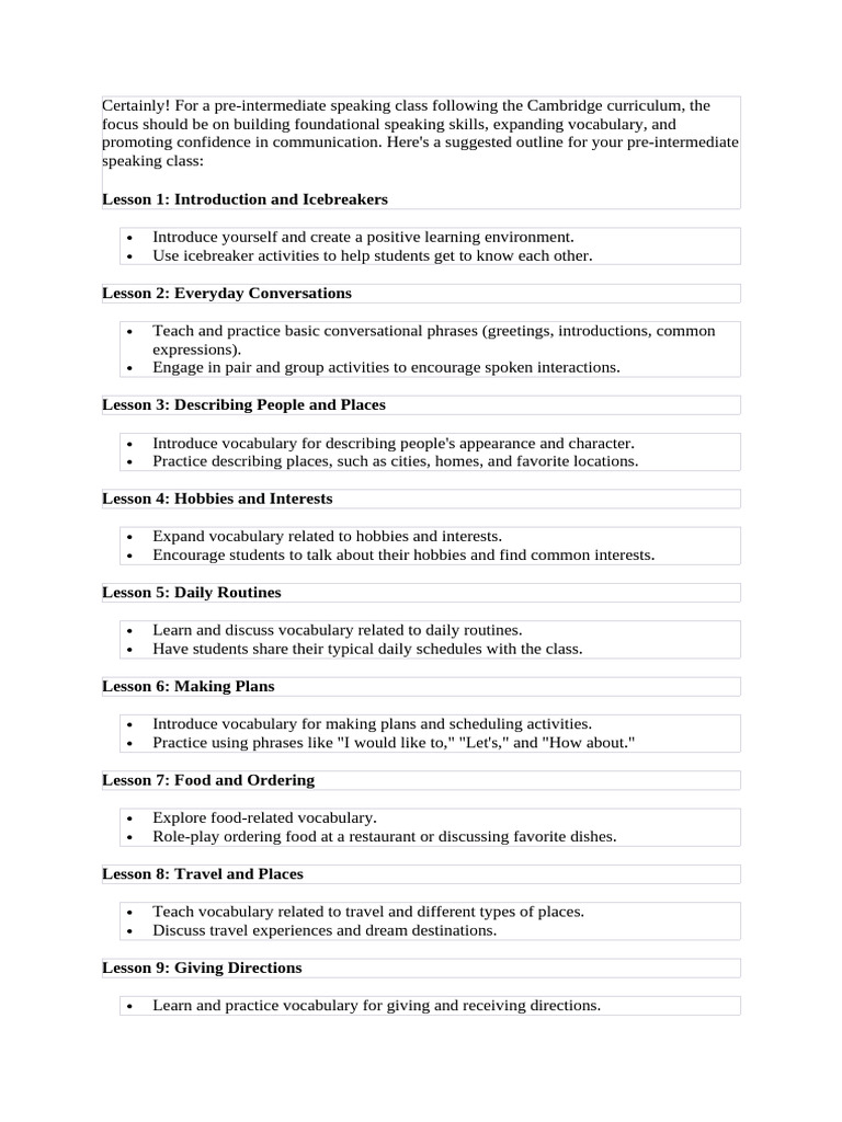 Pre-Intermediate Speaking Class Outline | PDF