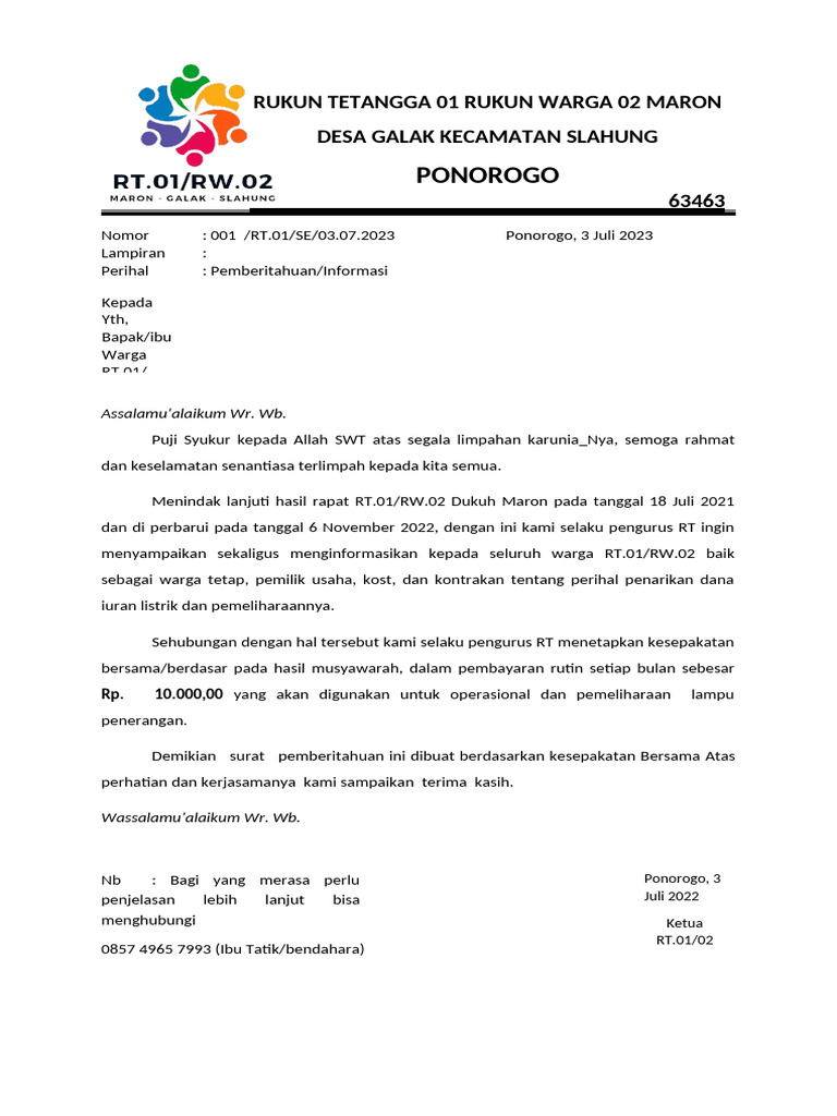 Surat Edaran Listrik RT | PDF