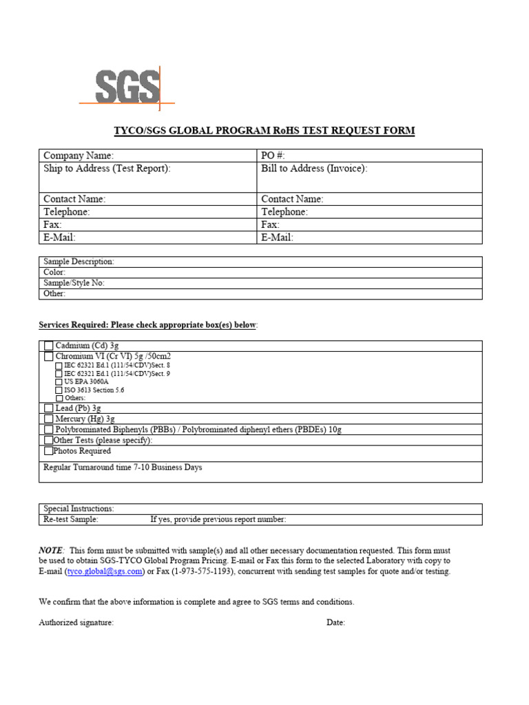 Tyco/Sgs Global Program Rohs Test Request Form | PDF