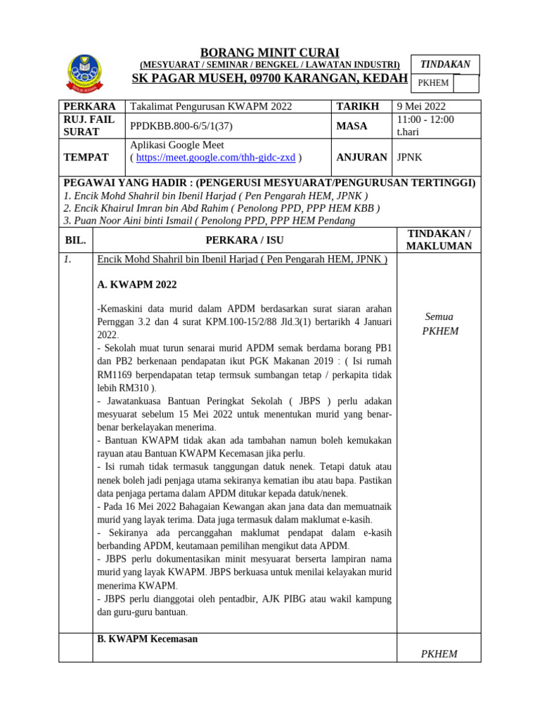 Minit Curai HEM-Pengurusan KWAPM | PDF