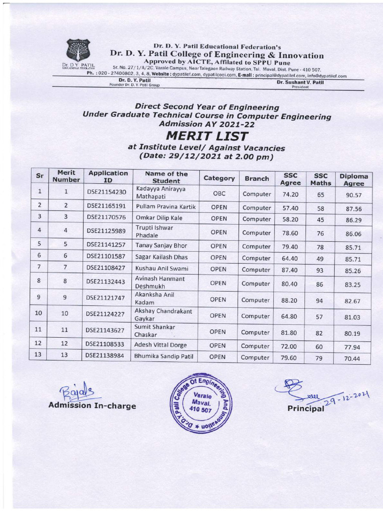 DYPCOEI Varale Talegaon DSE Admission AY 2021 | PDF
