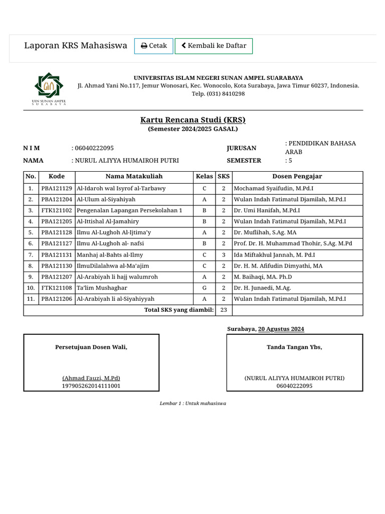 Laporan KRS Mahasiswa | PDF