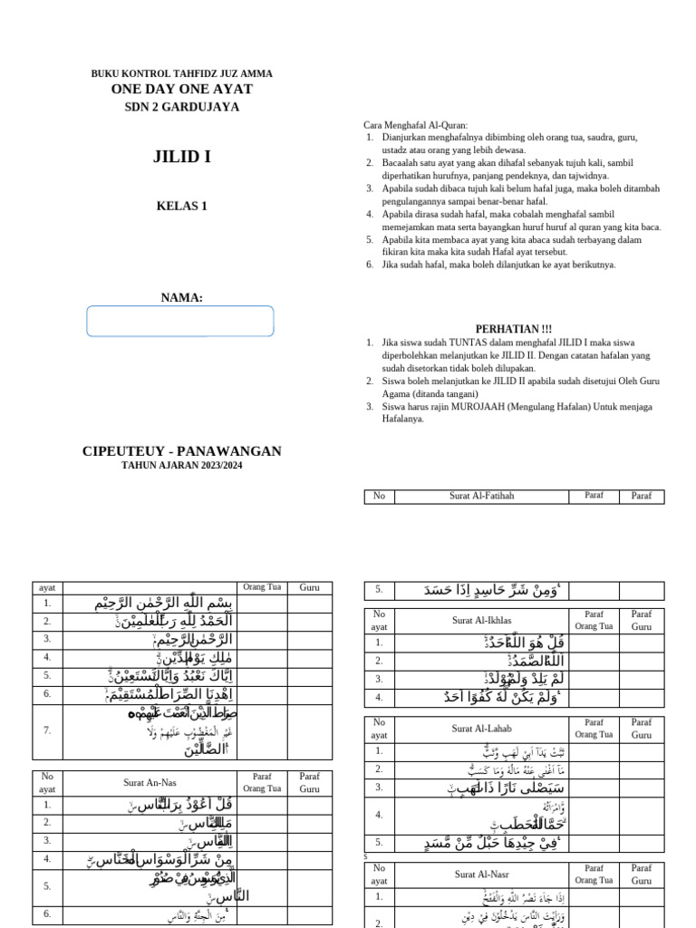 Buku Kontrol Tahfidz Juz Amma KLS 1 | PDF