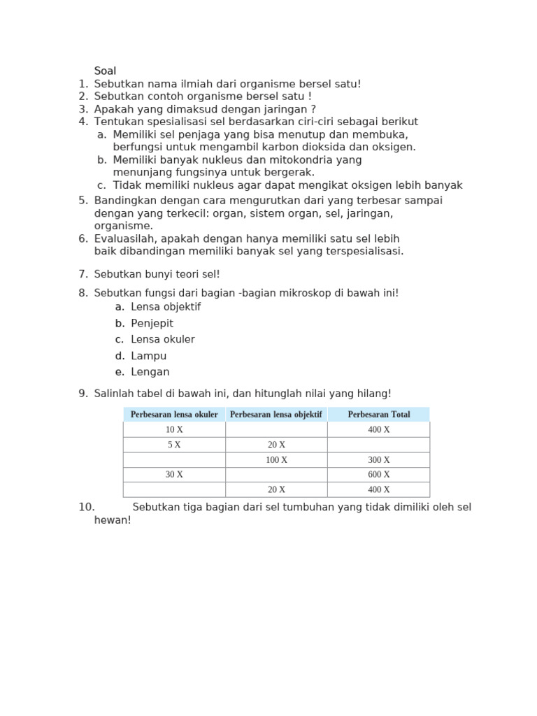 Soal 10 Bab1 Sel Dan Mikroskop | PDF