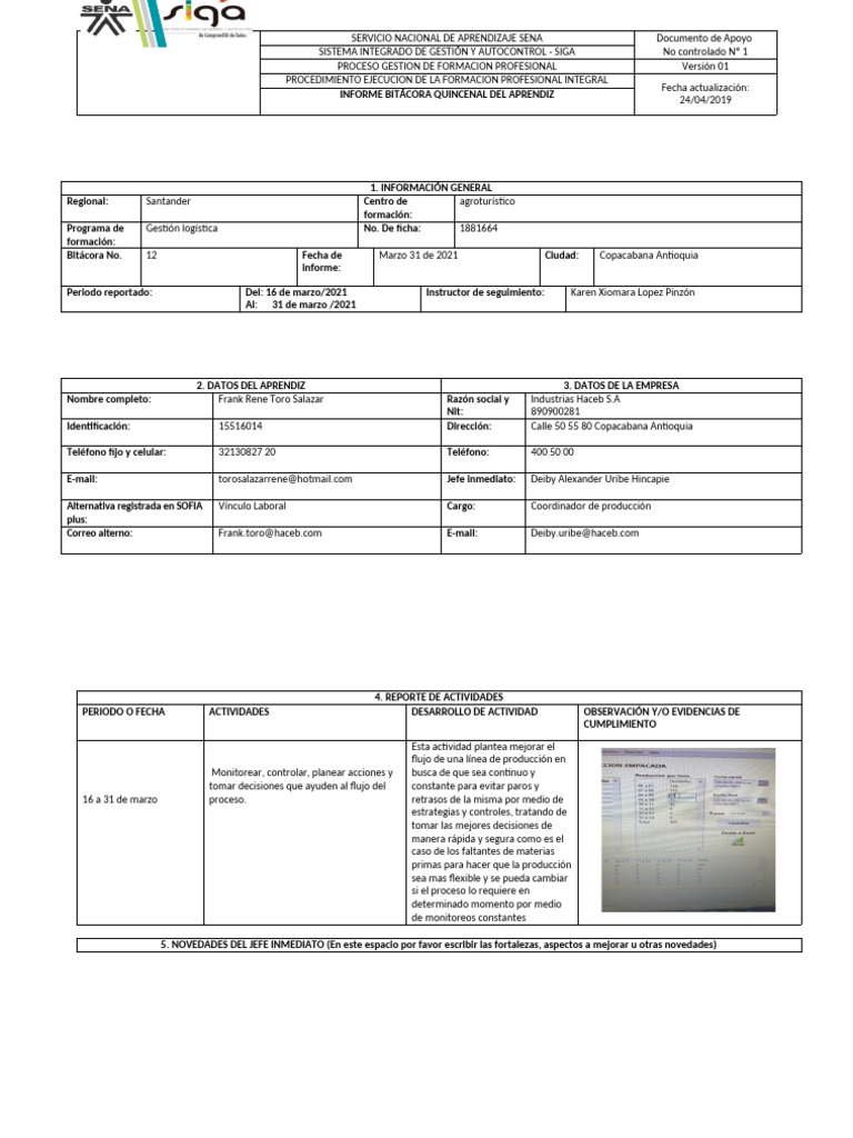 Informe Bitacora Quincenal Del Aprendiz #12 | PDF