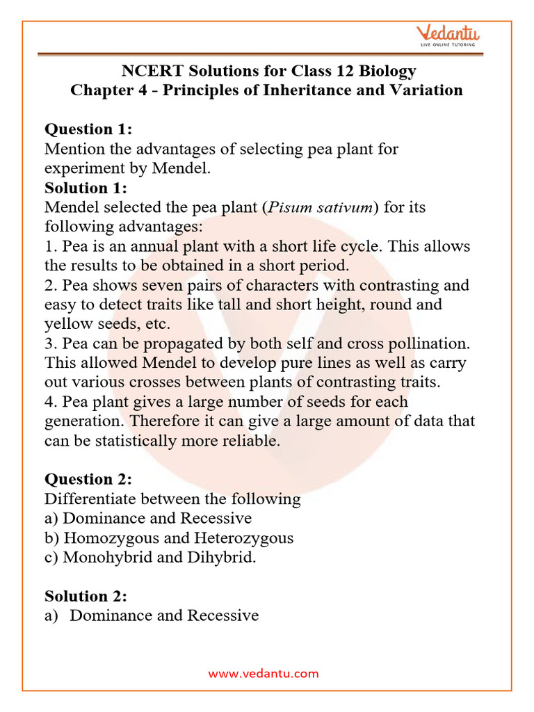 NCERT Solutions Class 12 Biology Principles of Inheritance and ...