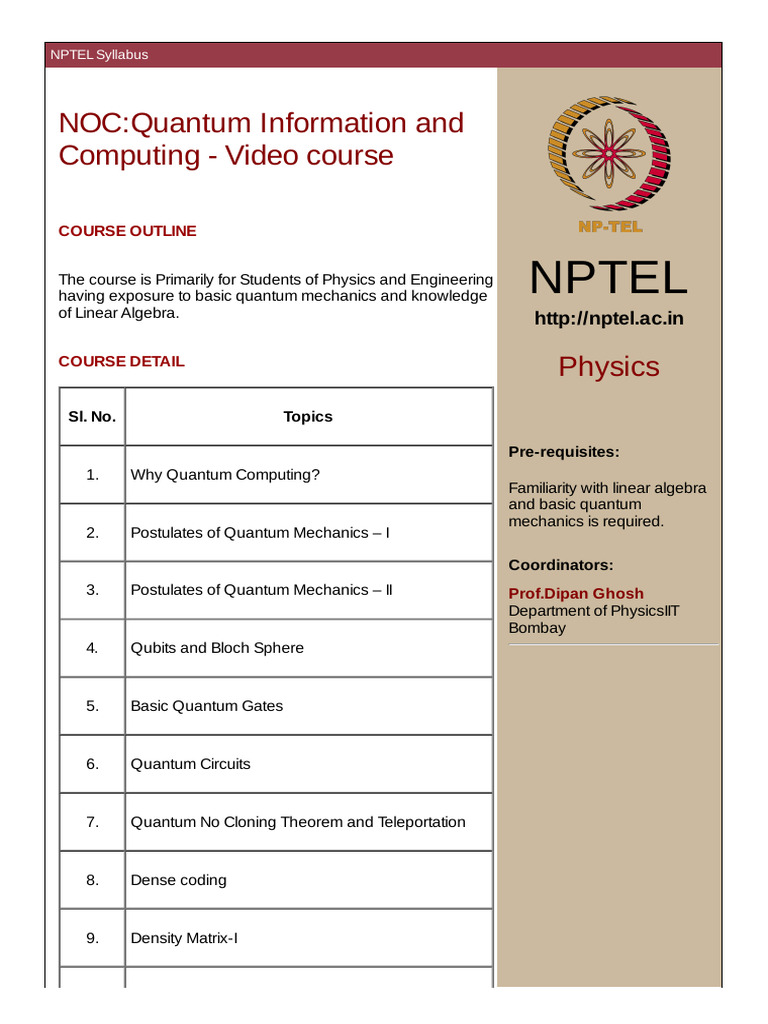 Nptel: NOC:Quantum Information and Computing - Video Course | PDF
