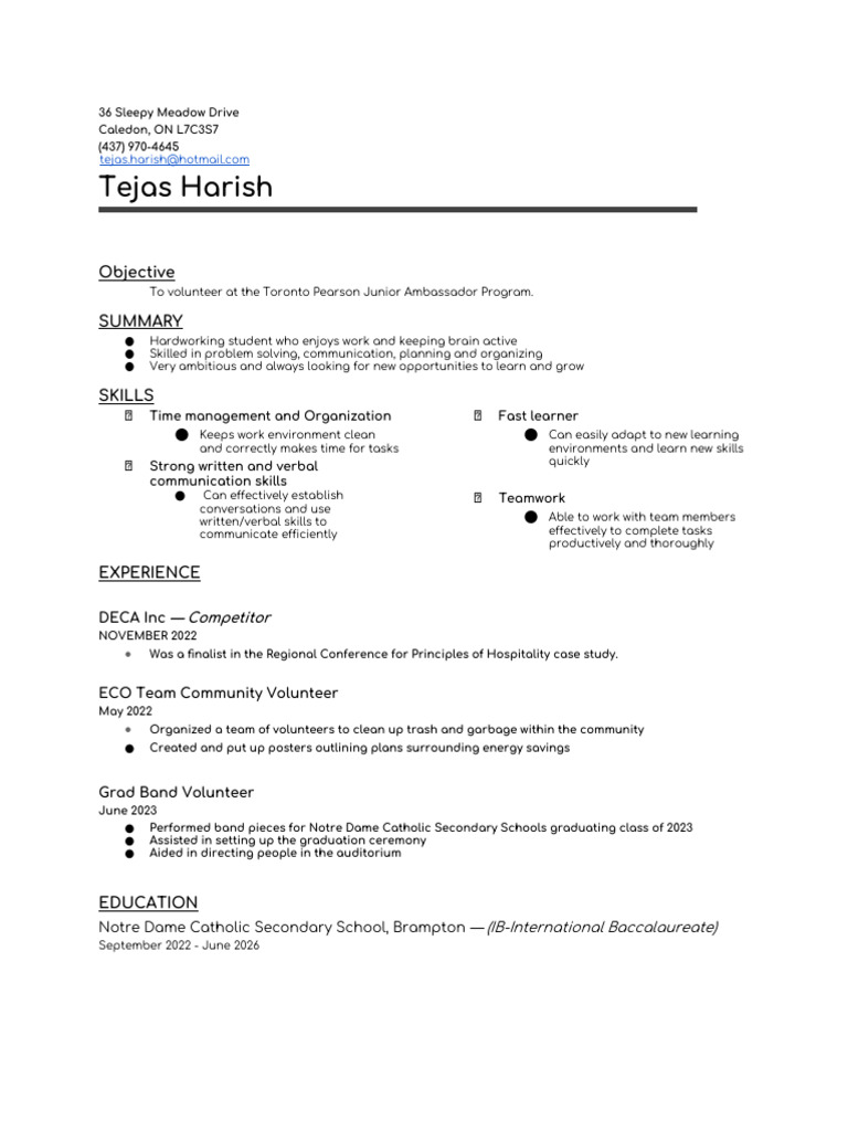 Tejas Harish Resume | PDF | Career & Growth