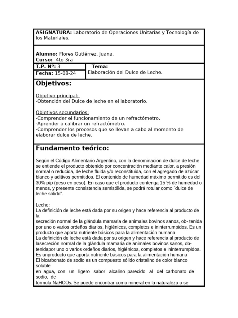 Informe O.U.T.M Laboratorio. Dulce de Leche. | PDF