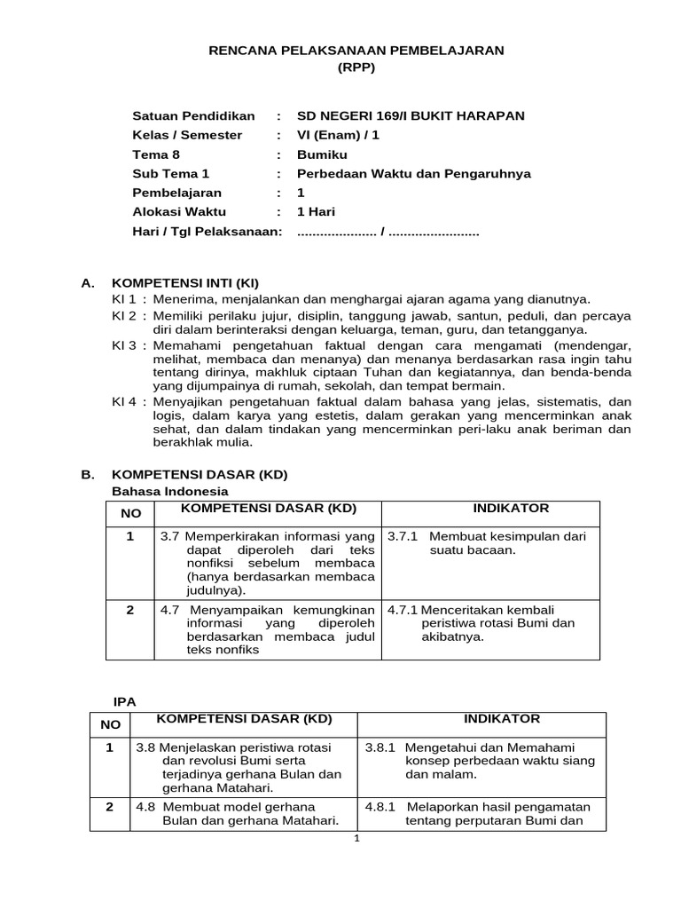 RPP Kelas 6 Tema 8 ST 1 | PDF