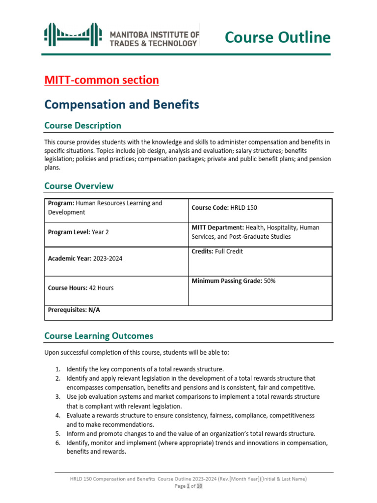 (Course Outline) HRLD 150 Compensation and Benefits S24H2 | PDF