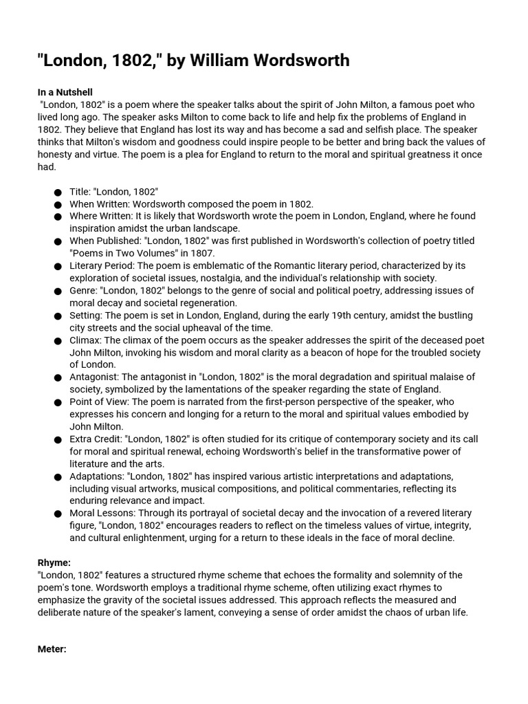 London, 1802, - by William Wordsworth - Summary of | PDF