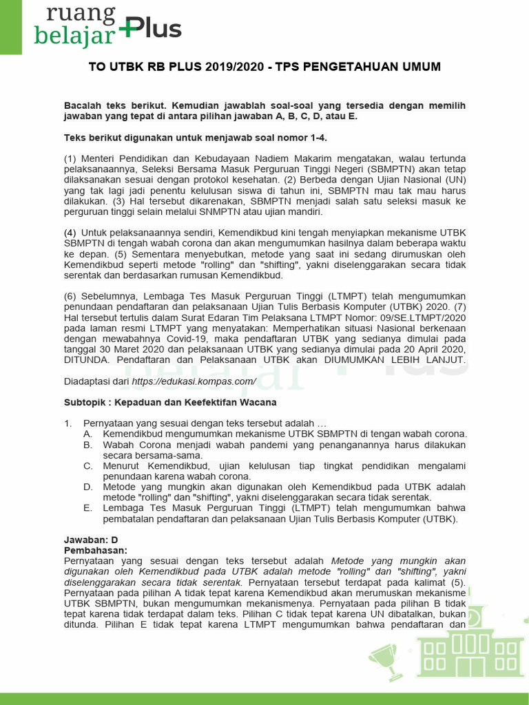 Kunci_Latihan UTBK 10_TPS PENGETAHUAN UMUM | PDF