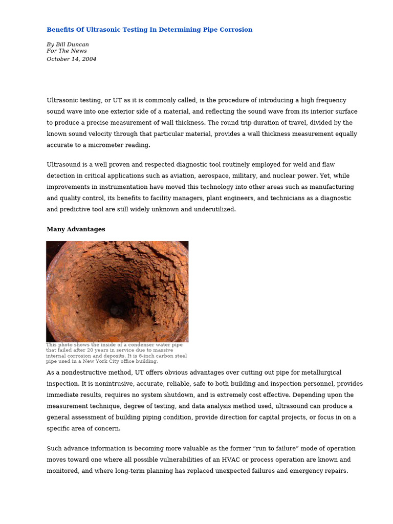 Benefits of Ultrasonic Testing in Determining Pipe Corrosion | PDF