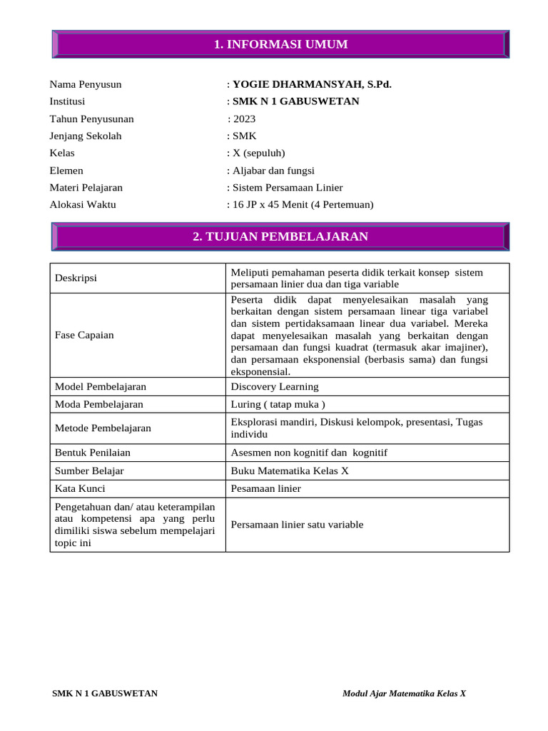 Modal Ajar MTK Bab 2 Sistem Persamaan Linier | PDF