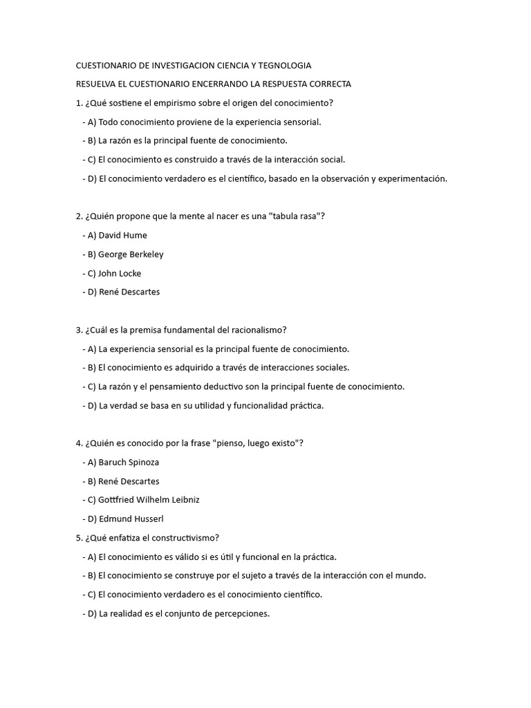 Cuestionario de Investigacion Ciencia y Tegnologia | PDF
