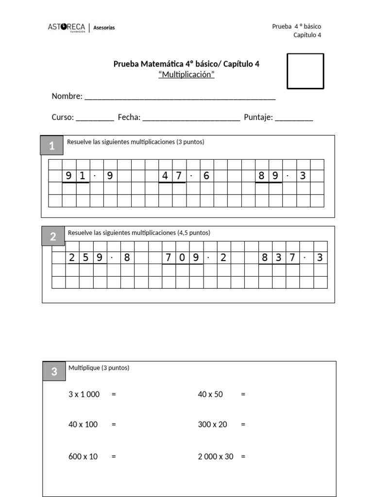 Prueba 4º Básico CAP 4 Multiplicacion | PDF