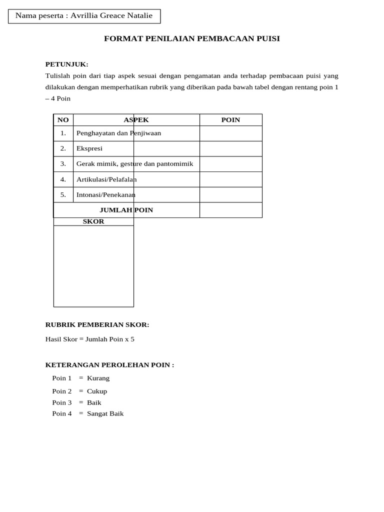 Format Penilaian Pembacaan Puisi - Agn | PDF