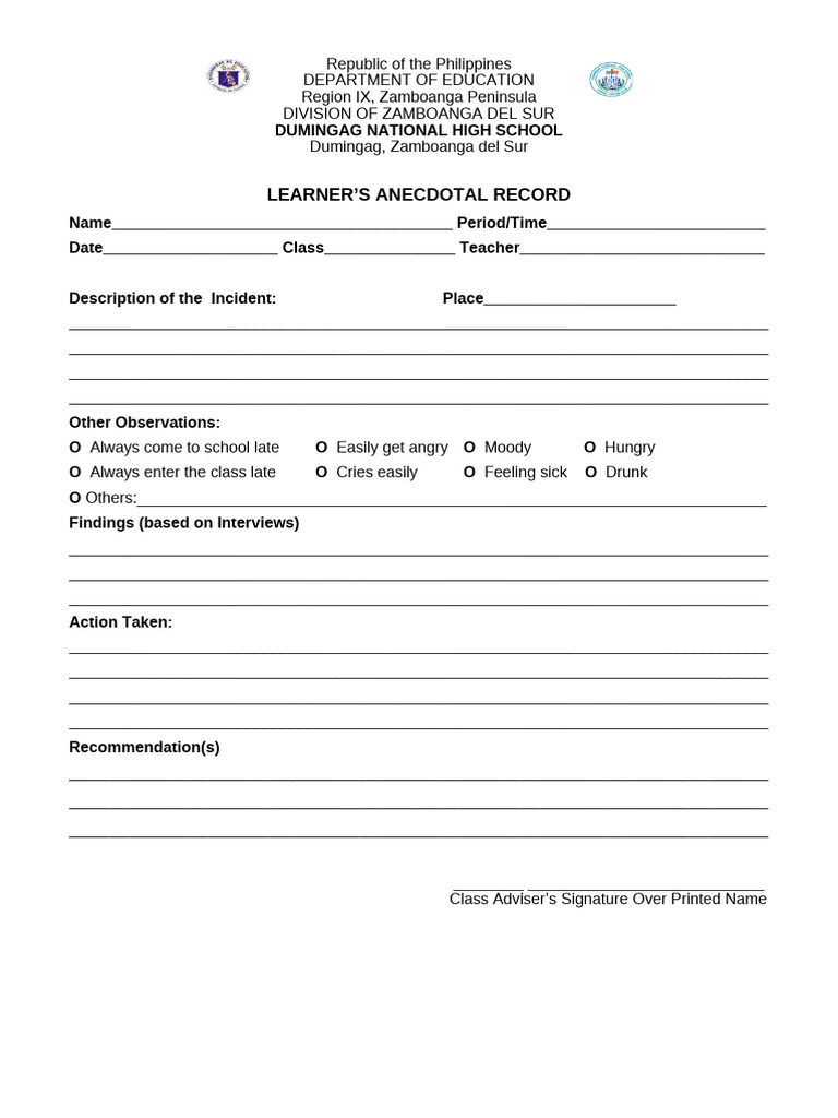 Learners Anecdotal Record | PDF