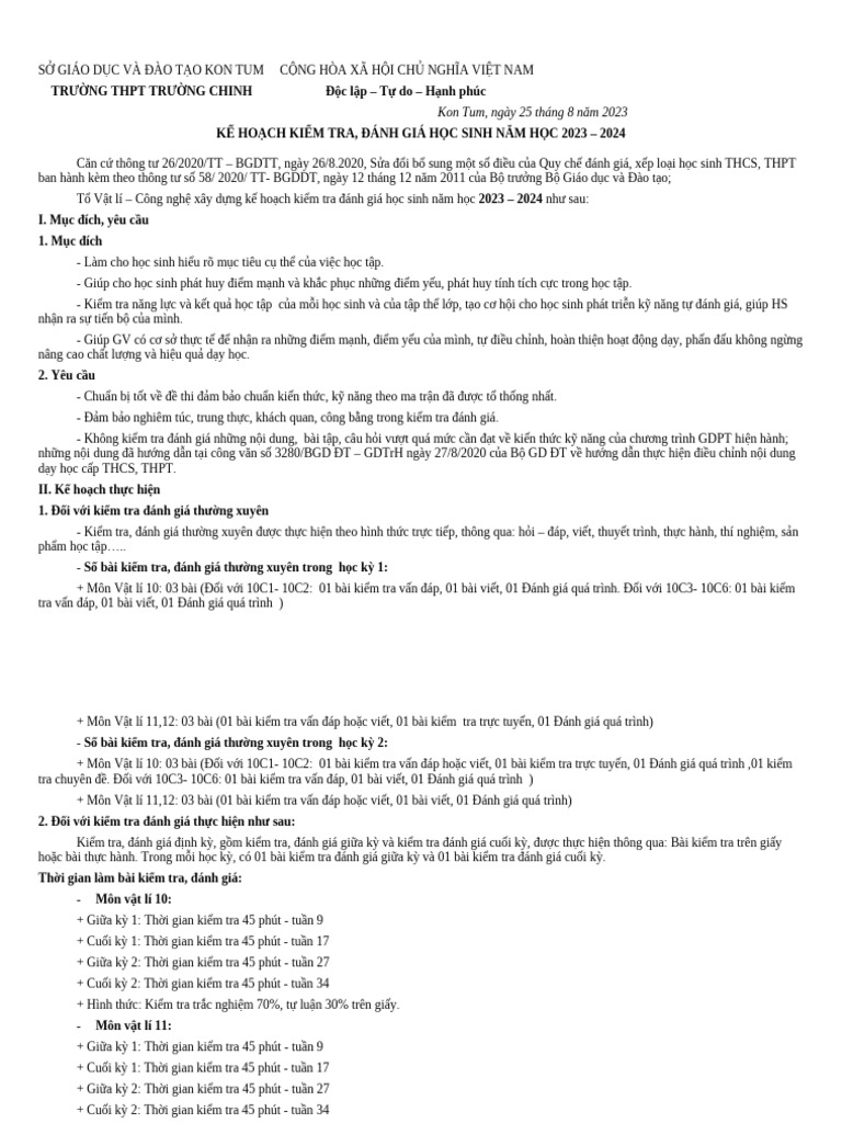 Ke Hoach Kiem Tra Mon Vat Li (2023-2024) | PDF