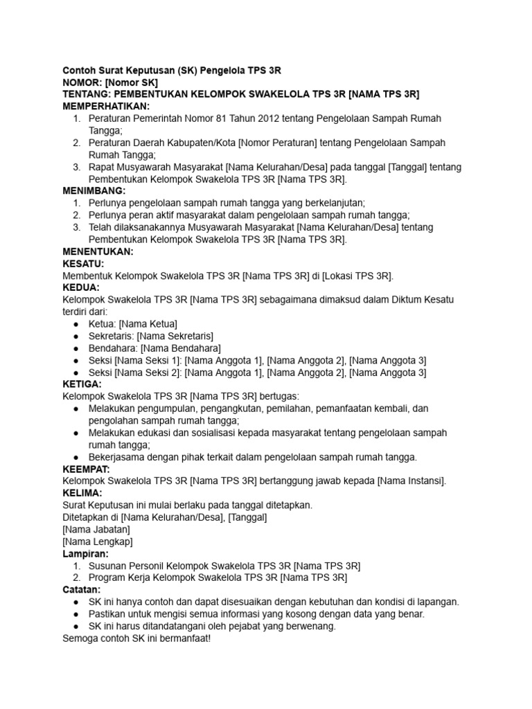 Contoh SK Pengelola TPS 3R | PDF