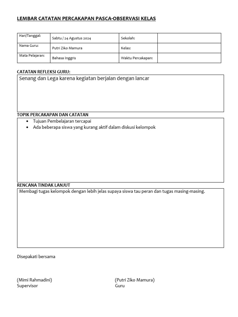 Lembar Catatan Percakapan Pasca-Observasi Kelas Mimi | PDF