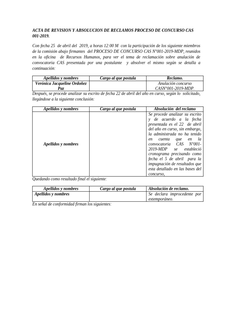 Acta de Revision y Absolucion de Reclamos Proceso de Concurso Cas 001 | PDF