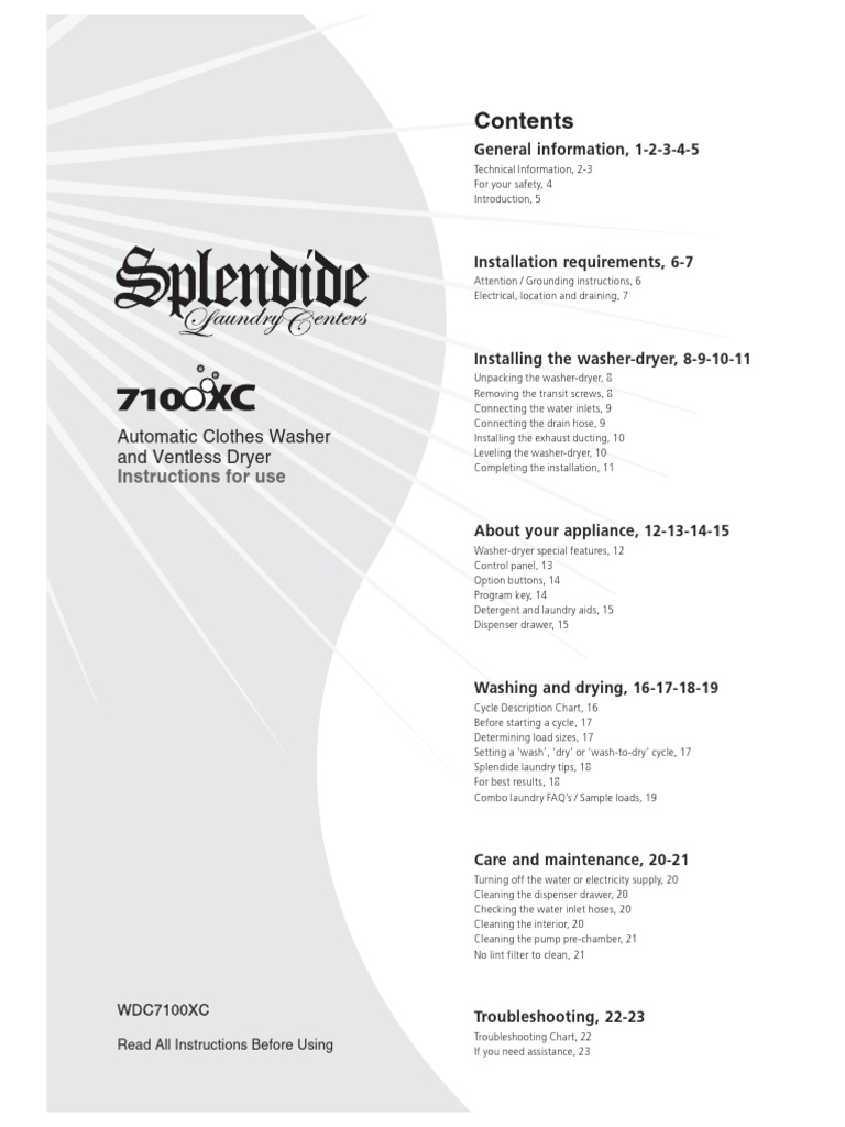 Splendide Ariston - Washer Dryer Model WDC7100XC Instruction Guide | PDF