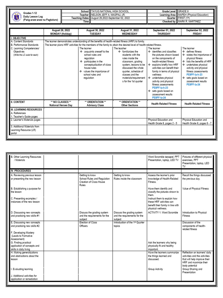 PE 1st Week DLL (1st Quarter) - MAGPALI | PDF