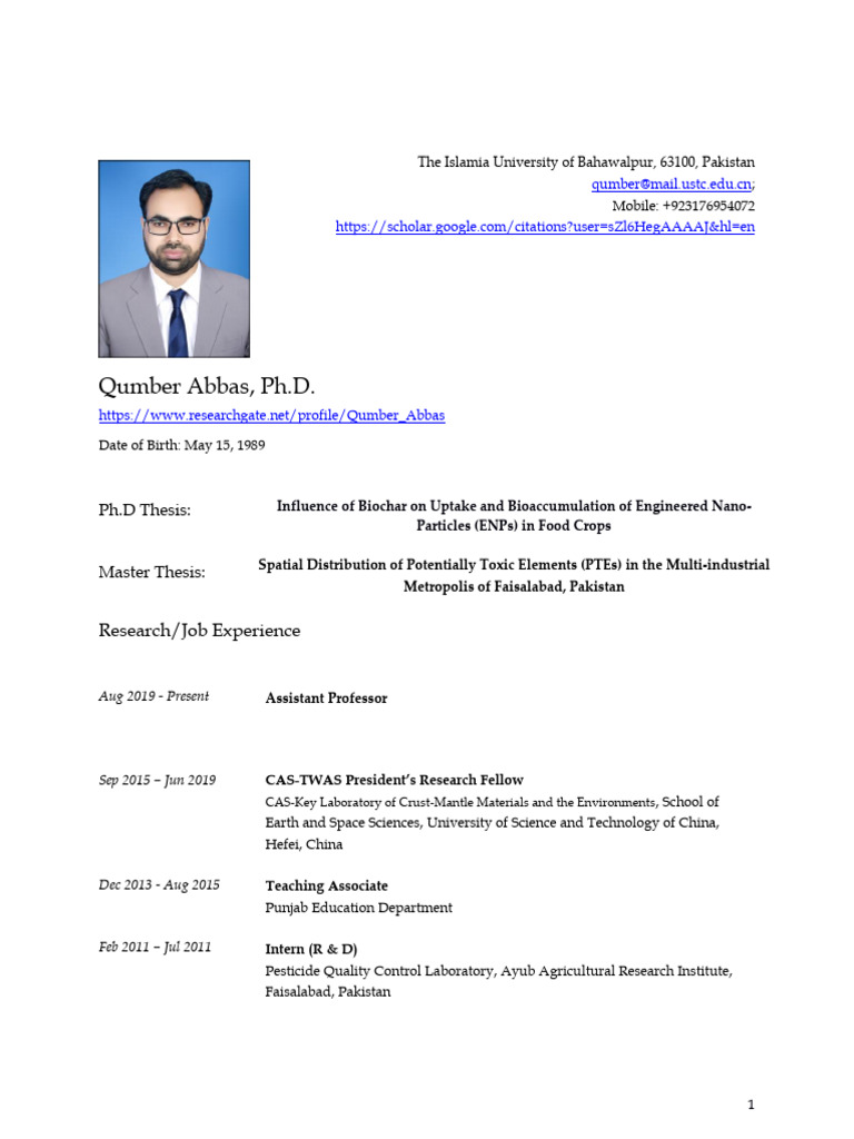 Curriculum Vitae - Qumber Abbas | PDF