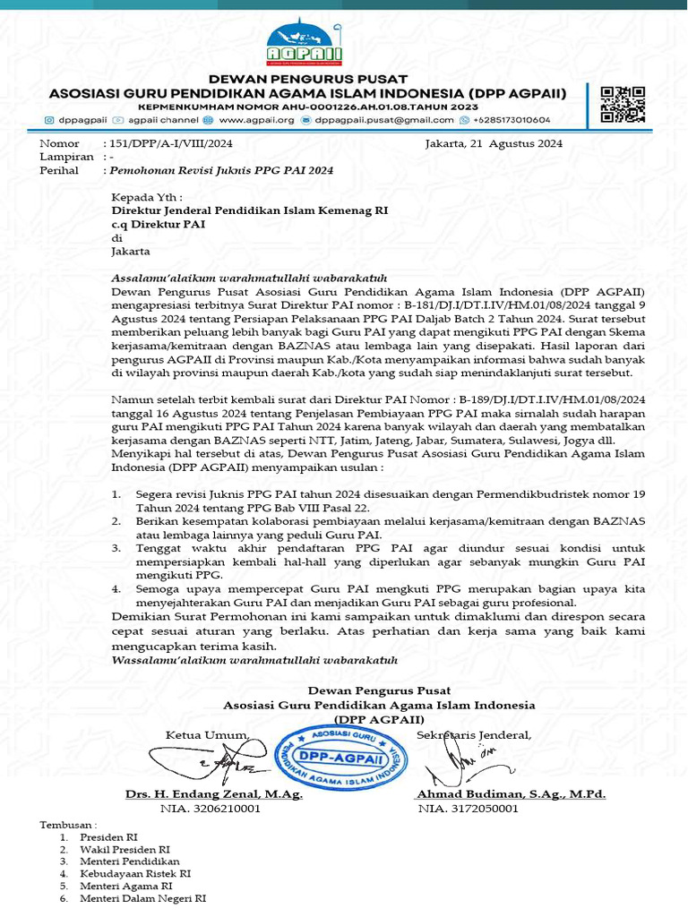 151 22082024 Surat Pemohonan Revisi Juknis PPG PAI 2024 | PDF