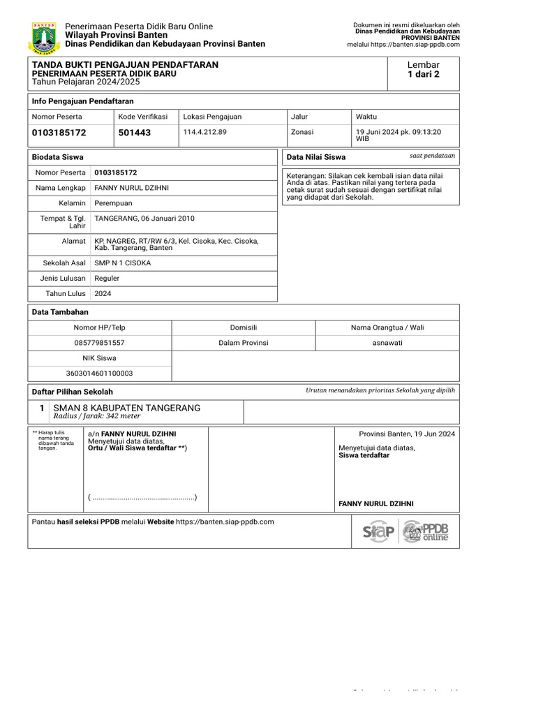 Tanda Bukti Pengajuan Pendaftaran - 0103185172 - FANNY NURUL DZIHNI | PDF