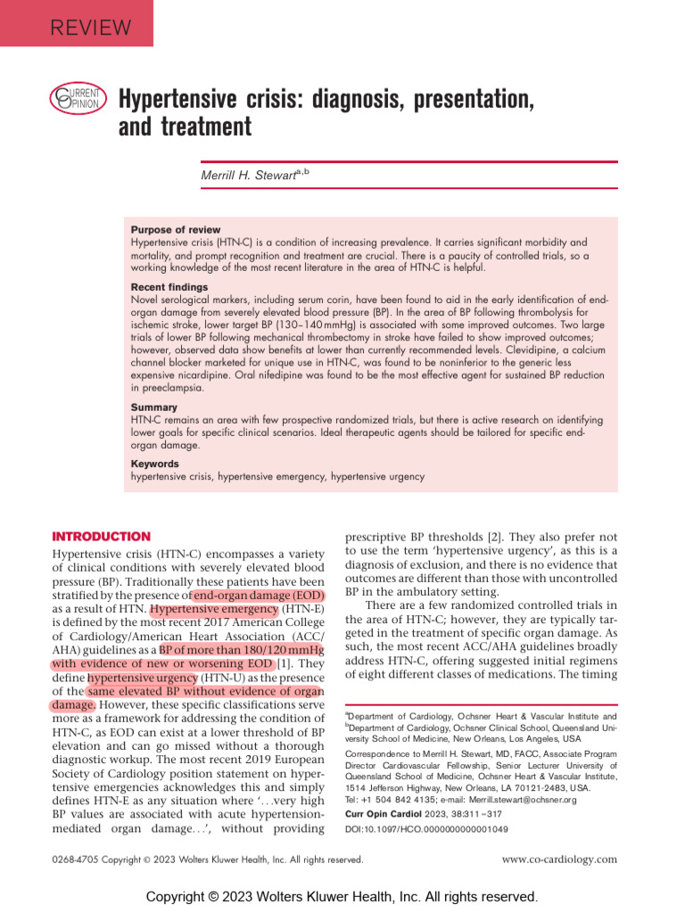 Hypertensive Crisis Diagnosis, Presentation, and Treatment | PDF