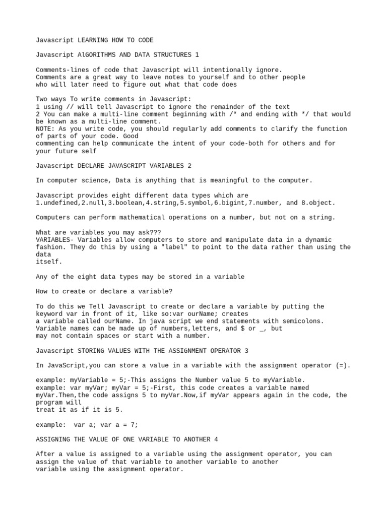 Javascript Learning How To Code Notes | PDF