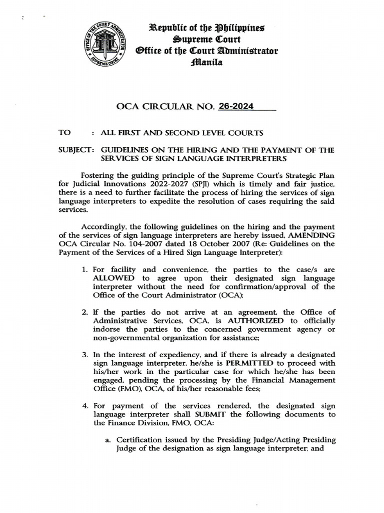 OCA Circular No. 26-2024 (Guidelines On Hiring and Payment of Sign Lang Interpreters) | PDF