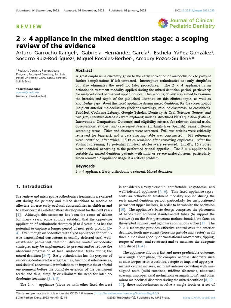 2022 - Garrocho-Rangel - 2 × 4 Appliance in The Mixed Dentition | PDF