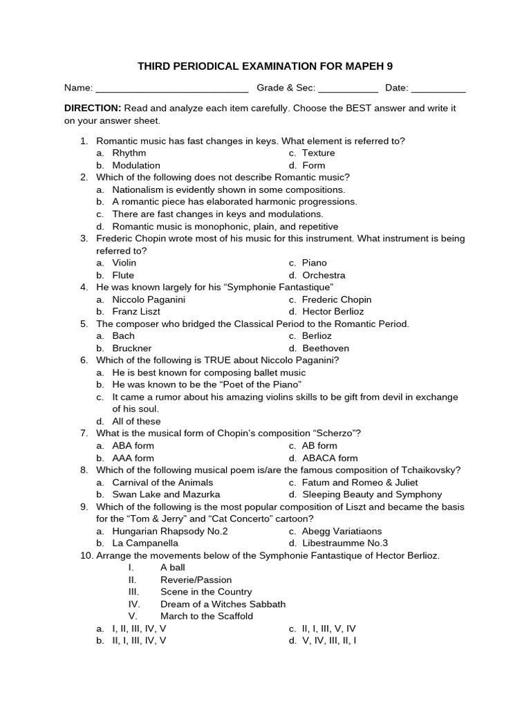 3RD Periodical Test - MAPEH 9 (Test Questionnaire) | PDF