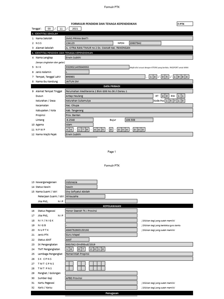 Formulir - PTK - Erwin Subkhi - 2021!11!03 23-28-14.Xlsx - Formulir PTK | PDF