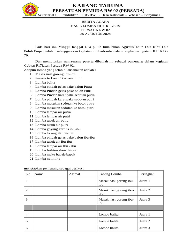 Berita Acara Lomba Hut Ri Ke 79 | PDF