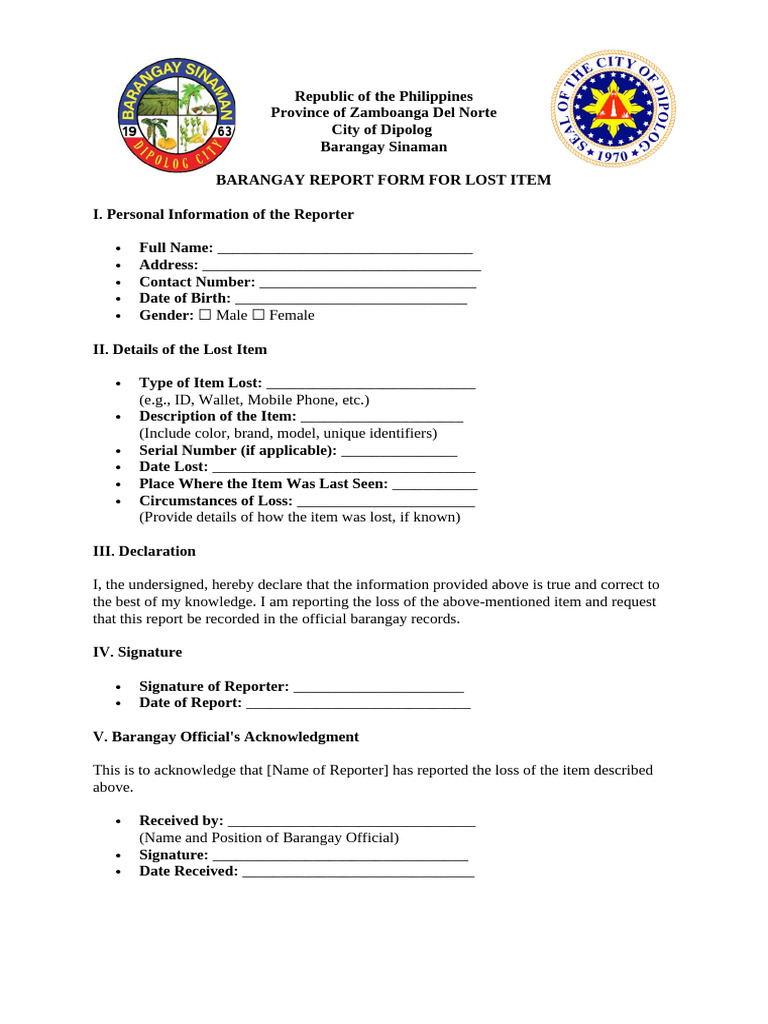 BARANGAY LOST ITEM REPORT FORM | PDF