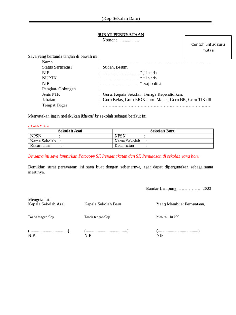 Form Pengajuan Pindah Induk (Mutasi), Tambah Jam & Merubah Status ...